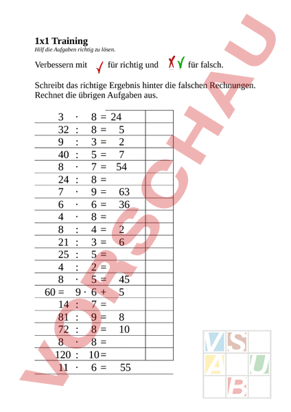 Arbeitsblatt: 1x1 Aufgaben - Mathematik - Multiplikation