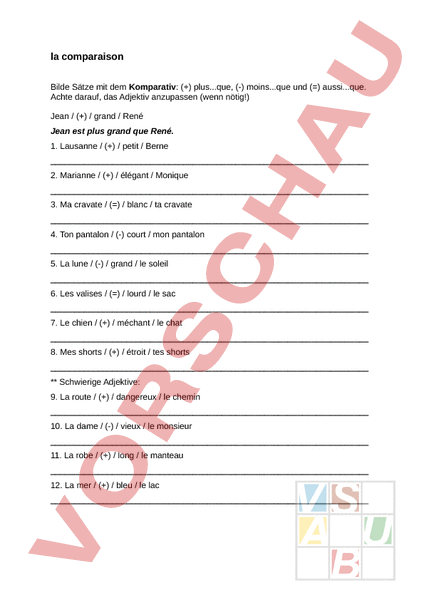 Arbeitsblatt: la comparaison - Französisch - Grammatik