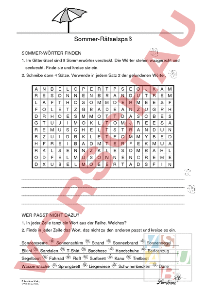 Arbeitsblatt: Sommer Rätselspass - Deutsch - Lesefertigkeit