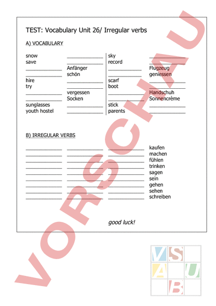 Arbeitsblatt: Non stop II Test Vocab Unit 26 plus irr. verbs - Englisch ...