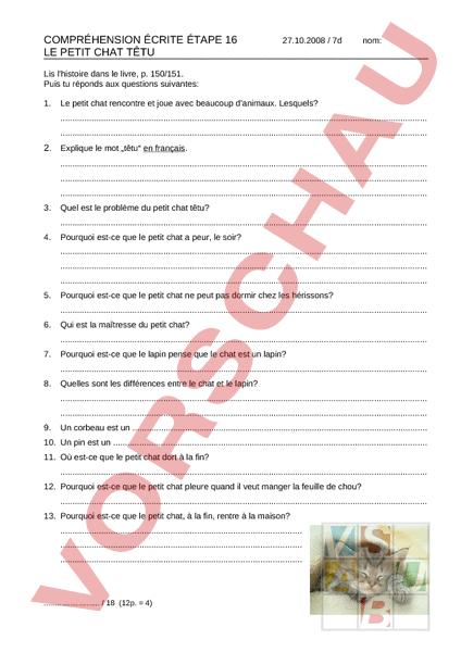 Arbeitsblatt: Le petit chat têtu - Französisch - Textverständnis