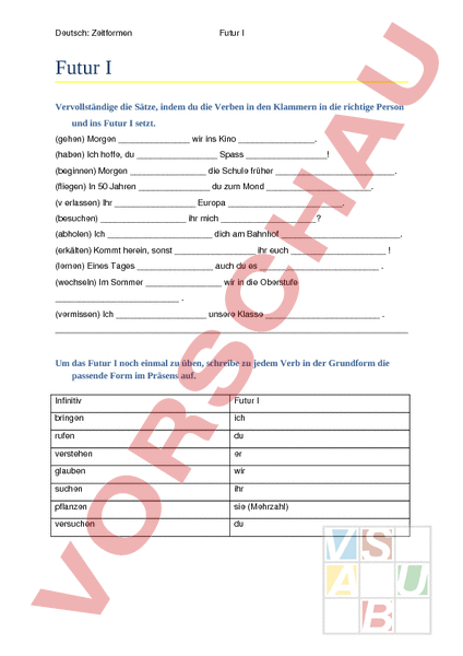 Arbeitsblatt: Futur I - Deutsch - Grammatik