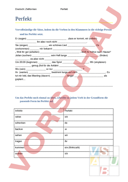 Arbeitsblatt: Perfekt - Deutsch - Grammatik