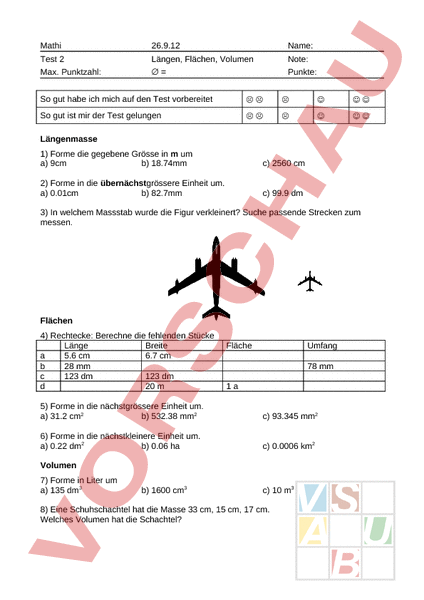 Arbeitsblatt: mathetest 1. sek (sabe) - Mathematik - Sachrechnen / Grössen