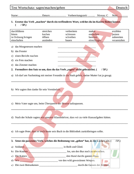 Arbeitsblatt: Wortschatztest sagen, machen, gehen - Deutsch - Wortschatz