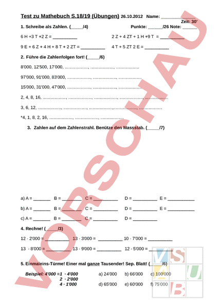 Arbeitsblatt: Test zu Mathematik für die Primarschule S. 18/19 ...