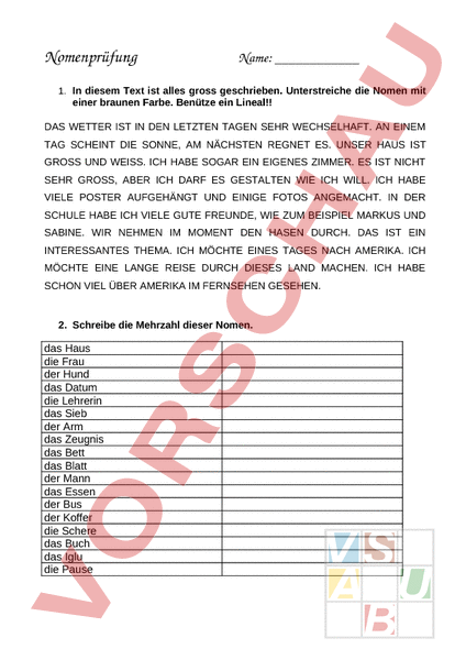 Arbeitsblatt: Nomen - Deutsch - Grammatik