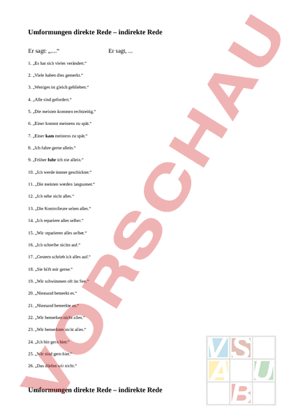 Arbeitsblatt: Indirekte Rede, Umformungen, Übung - Deutsch - Grammatik