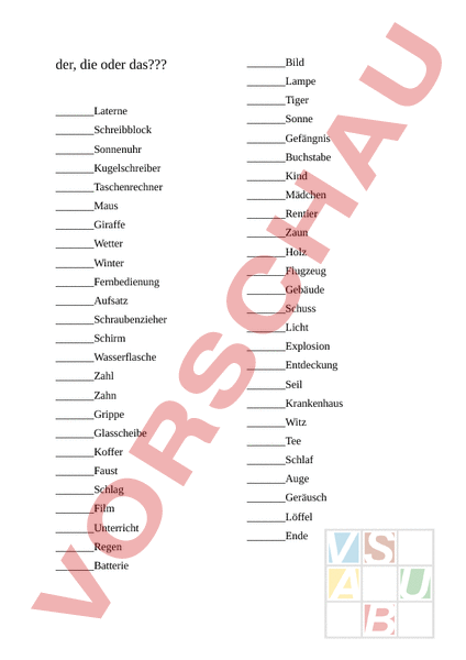 Arbeitsblatt: der die das - Deutsch - Rechtschreibung