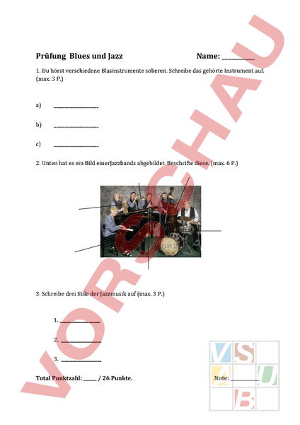 Arbeitsblatt: Prüfung Jazz - Musik - Musikgschichte
