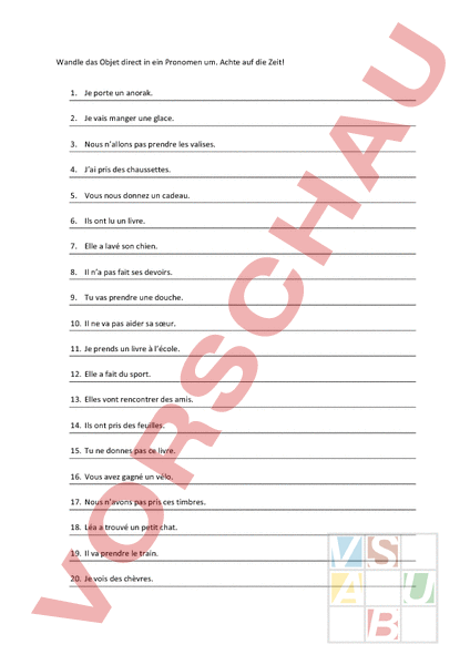 Arbeitsblatt: pronom objet direct - Französisch - Grammatik