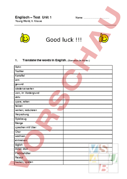 Arbeitsblatt: Young World 4 Unit 1 Exam - Englisch - Lehrmittel