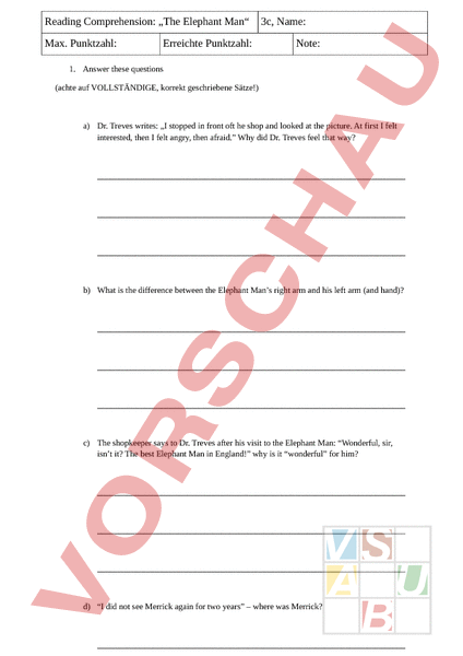 Arbeitsblatt: Reading Comprehension TEST zu The Elephant Man - Englisch ...