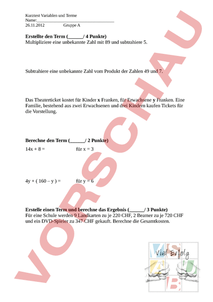 Arbeitsblatt: Kurztest Terme und Variablen - Mathematik - Algebra