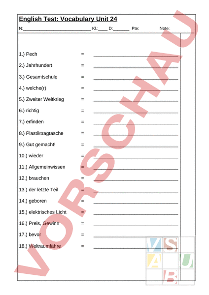 Arbeitsblatt: Vocabulary Unit 24 - Englisch - Wortschatz