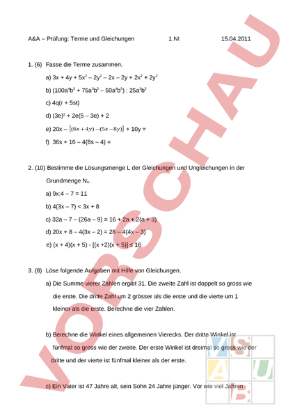 Arbeitsblatt: Terme und Variablen - Mathematik - Algebra
