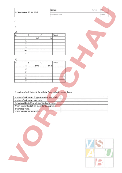 Arbeitsblatt: 2b Variablen - Mathematik - Algebra