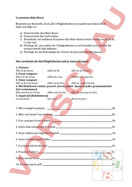 Arbeitsblatt: Le pronom objet direct - Französisch - Grammatik