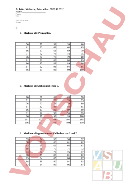 Arbeitsblatt: Prüfng 2c Teiler, Vielfache, Primzahlen - Mathematik ...
