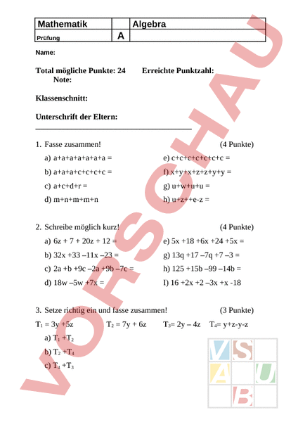 Arbeitsblatt: MATHE(algebra) - Mathematik - Algebra