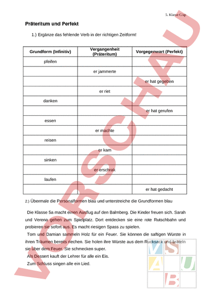 Arbeitsblatt: Präsens, Perfekt und Präteritum - Deutsch - Grammatik