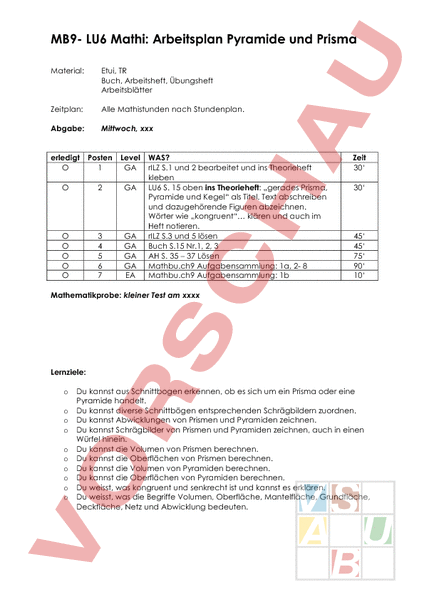 Arbeitsblatt: MB9 LU6 Prisma und Pyramide - Geometrie - Körper / Figuren