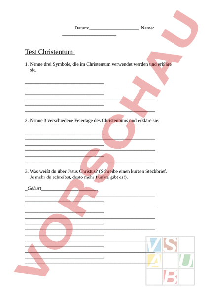 Arbeitsblatt: Test Christentum - Lebenskunde - Religionslehre / Bibel