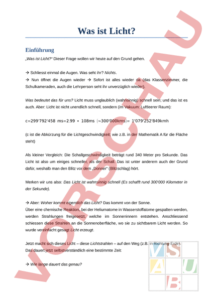 Arbeitsblatt: Was ist Licht? - Physik - Optik