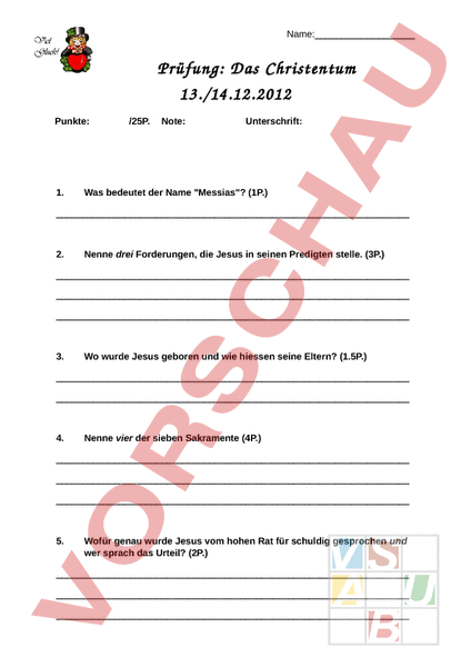 Arbeitsblatt: Lernkontrolle Christentum - Lebenskunde - Religionslehre ...