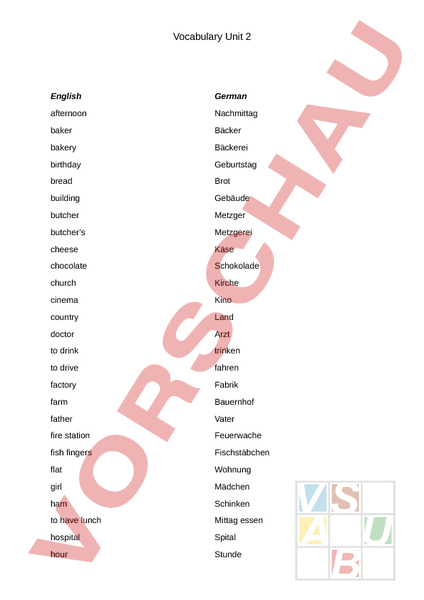 Arbeitsblatt: Vokabel - Liste Unit 2 YW 2 - Englisch - Wortschatz