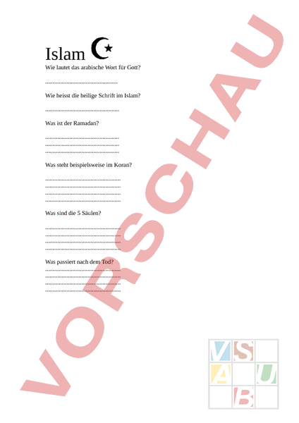 Arbeitsblatt: Fragen zum Islam - Lebenskunde - Religionslehre / Bibel
