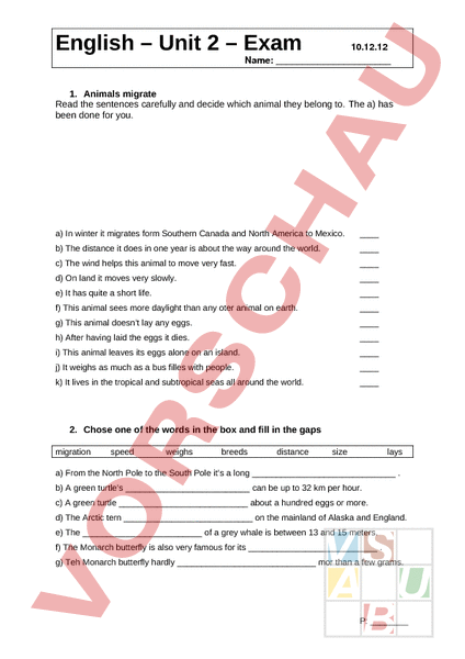 Arbeitsblatt: young world unit 2 exam - Englisch - Grammatik