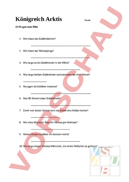 Arbeitsblatt: Frageblatt Eisbär - Biologie - Tiere