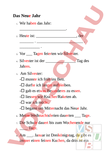Arbeitsblatt: Das Neue Jahr - Deutsch - Erstlesen
