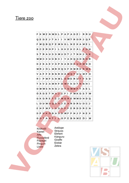 Arbeitsblatt: Zoo Tiere Suchsel - Biologie - Tiere