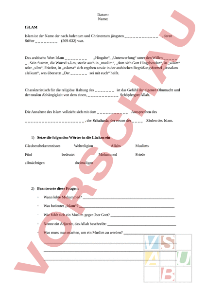 Arbeitsblatt: Islam Einführung - Lebenskunde - Religionslehre / Bibel