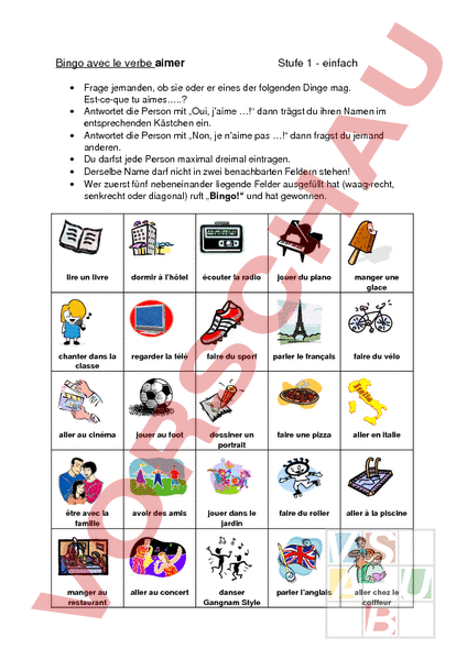 Arbeitsblatt: Bingo zum Verb aimer in 3 Schwierigkeitsstufen ...