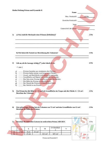 Arbeitsblatt: Prismen und Pyramide II - Geometrie - Körper / Figuren