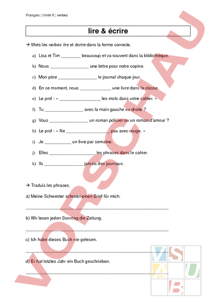 Arbeitsblatt: Unité 6 envol 8, lire & écrire - Französisch - Grammatik