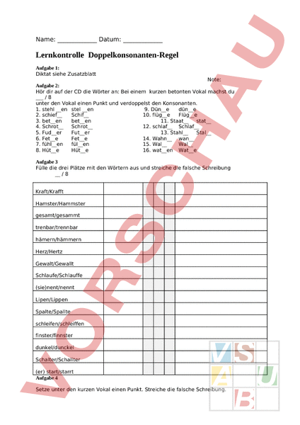 Arbeitsblatt: Doppelkonsonanten - Deutsch - Rechtschreibung