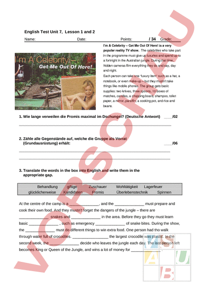 Arbeitsblatt: Vocabularytest New Inspiration Unit 7 L1+2 - Englisch ...