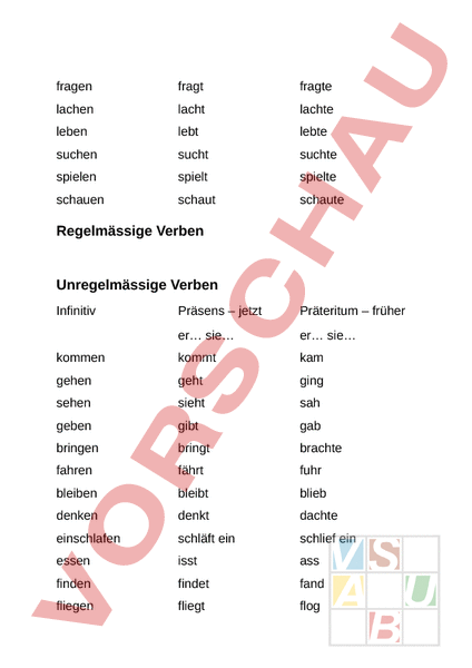 Arbeitsblatt: Verbentabelle Infinitiv-Präsens-Präteritum - Deutsch - DaZ