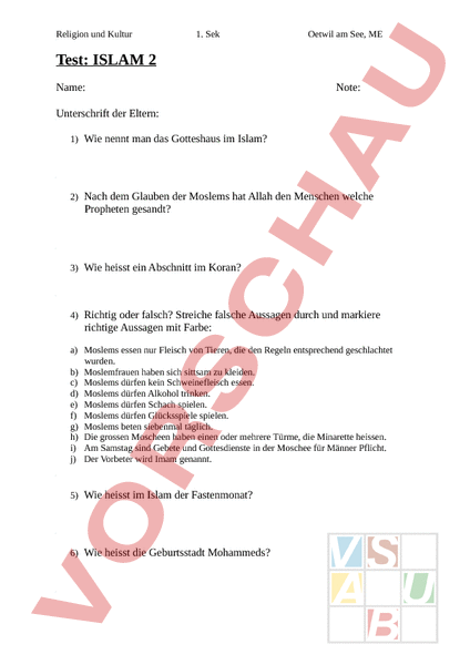 Arbeitsblatt: Test Islam Grundkenntnisse - Lebenskunde - Religionslehre ...