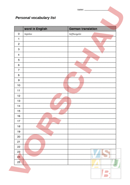 Arbeitsblatt: Personal Vocabulary List - Englisch - Wortschatz