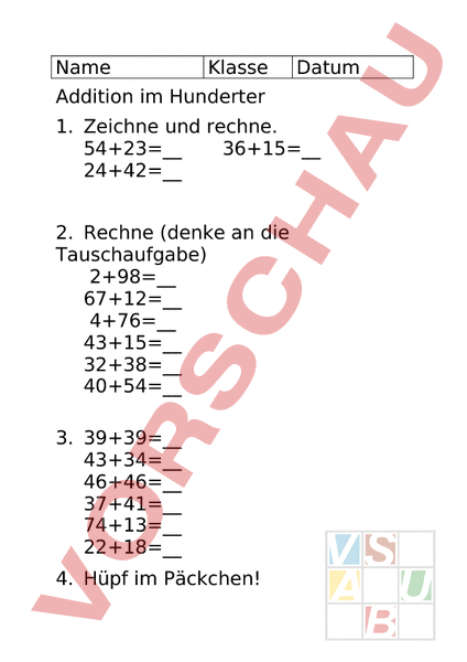 Arbeitsblatt: Lernkontrolle Addition im 100er - Mathematik - Addition