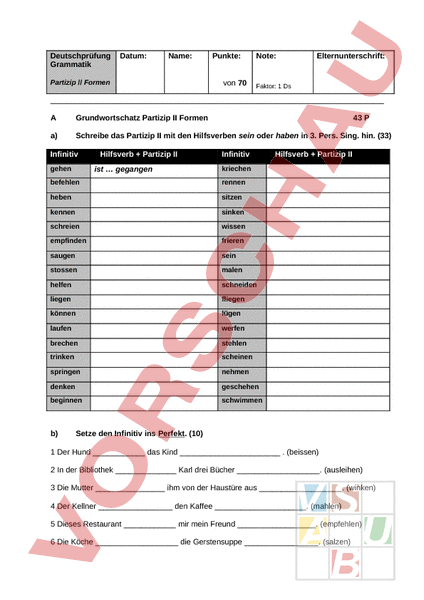 Arbeitsblatt: Test Partizi II Formen - Deutsch - Grammatik