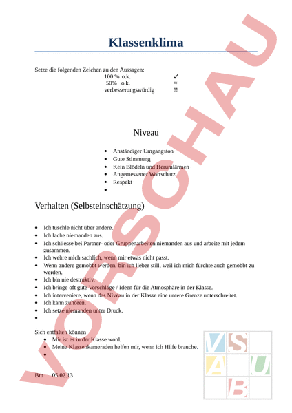 Arbeitsblatt: Klassenklima - Lebenskunde - Gemischte Themen