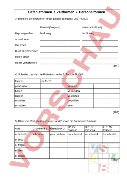Arbeitsblatt: Probe Verb - Deutsch - Grammatik