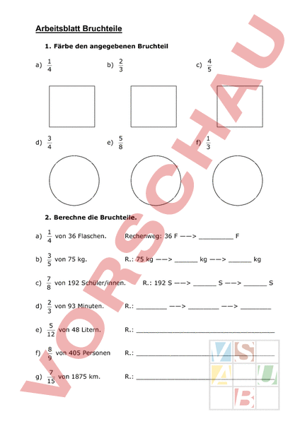 Arbeitsblatt: Arbeitsblatt Bruchteile - Mathematik - Brüche / Dezimalzahlen