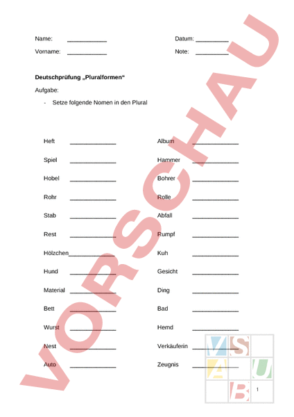 Arbeitsblatt: Pluralformen - Deutsch - Grammatik